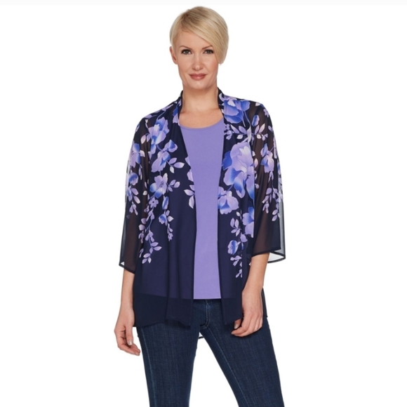 Susan Graver | Sweaters | Susan Graver Purple Floral Chiffon Kimono Cardigan Size X | Poshmark